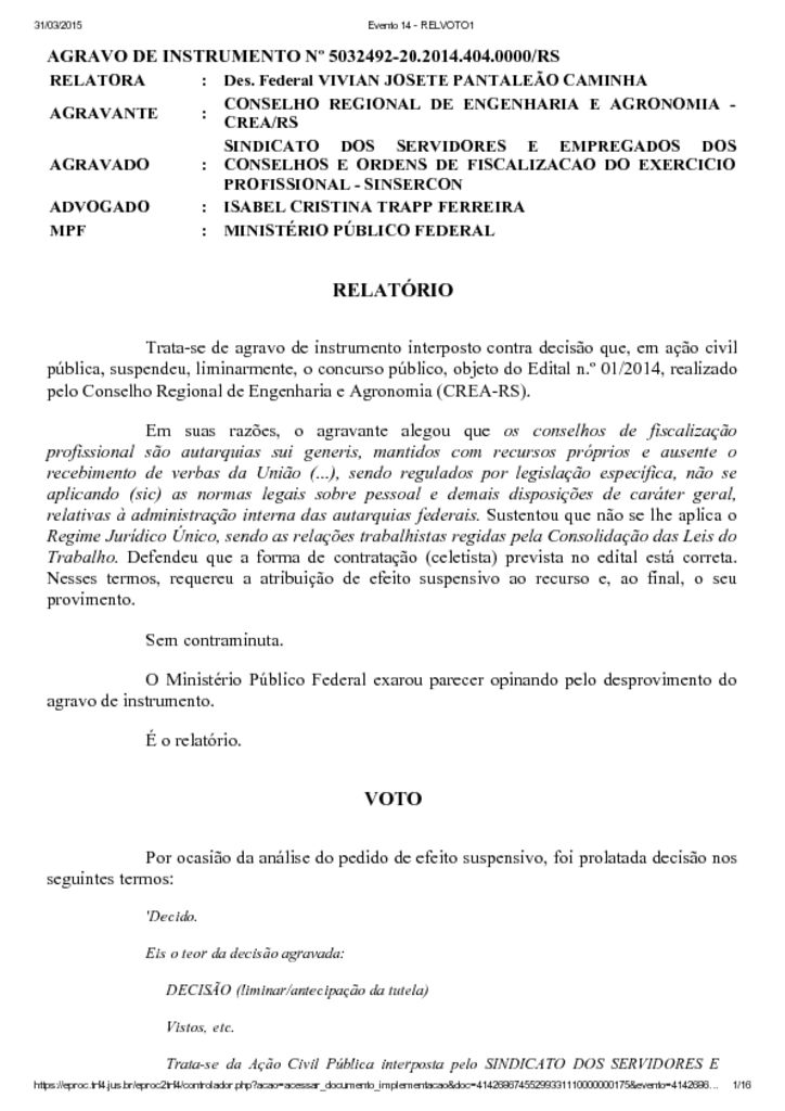 RELATORIO E VOTO – SINSERCON-RS